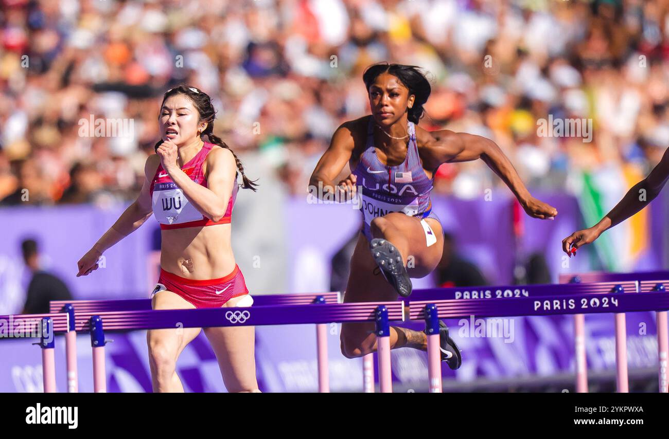 Alaysha Johnson participating in the 100 meters hurdles at the Paris ...