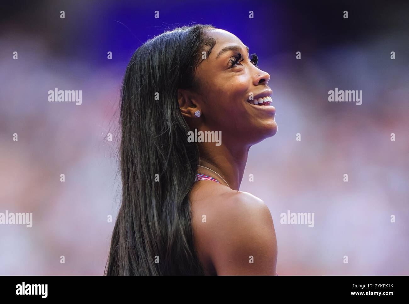 Alaysha Johnson participating in the 100 meters hurdles at the Paris ...