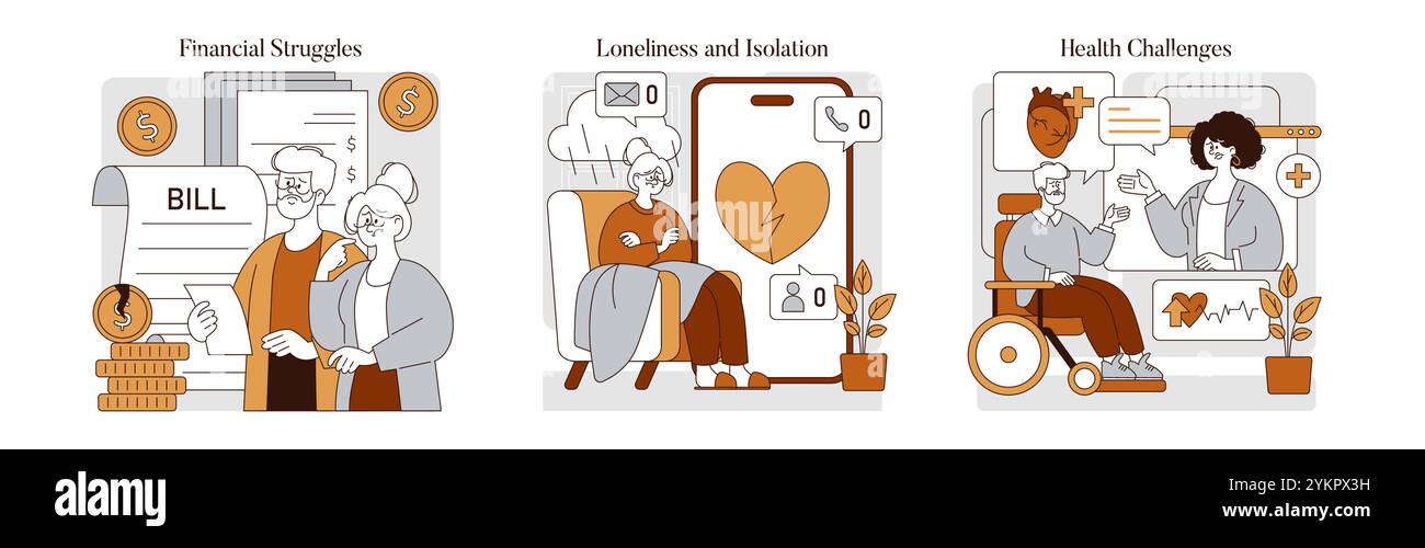 Retirement Challenges set. Elderly financial concerns, loneliness in aging, and senior health ...
