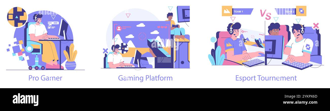 Esport set. Professional gamers engaging in competitive play. Training ...