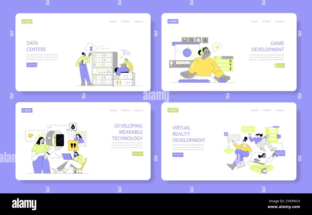 Technology fields set. Women engaging in data centers, game, wearable ...