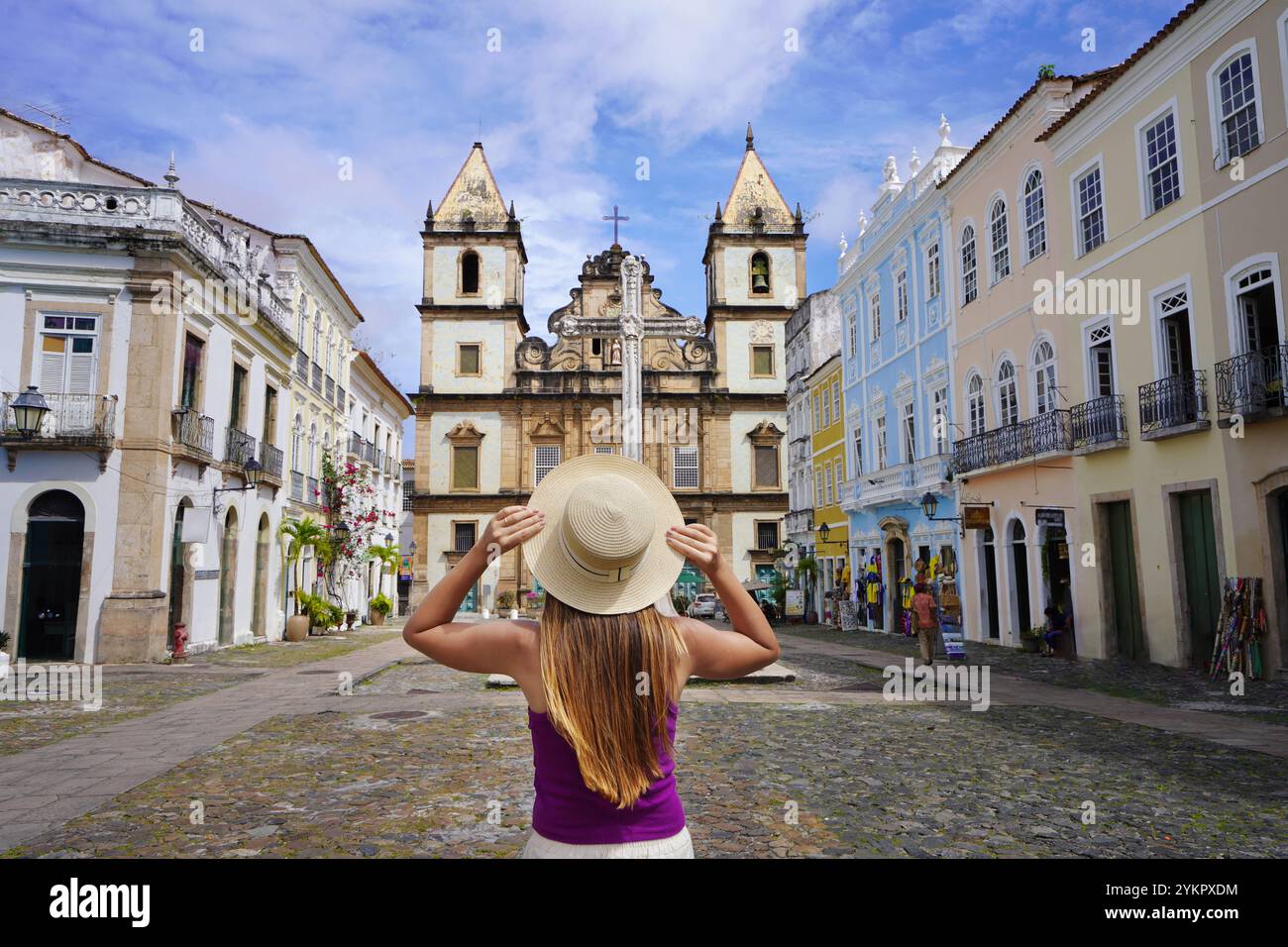 Tourism in Salvador de Bahia, Brazil. Young traveler woman visiting the ...