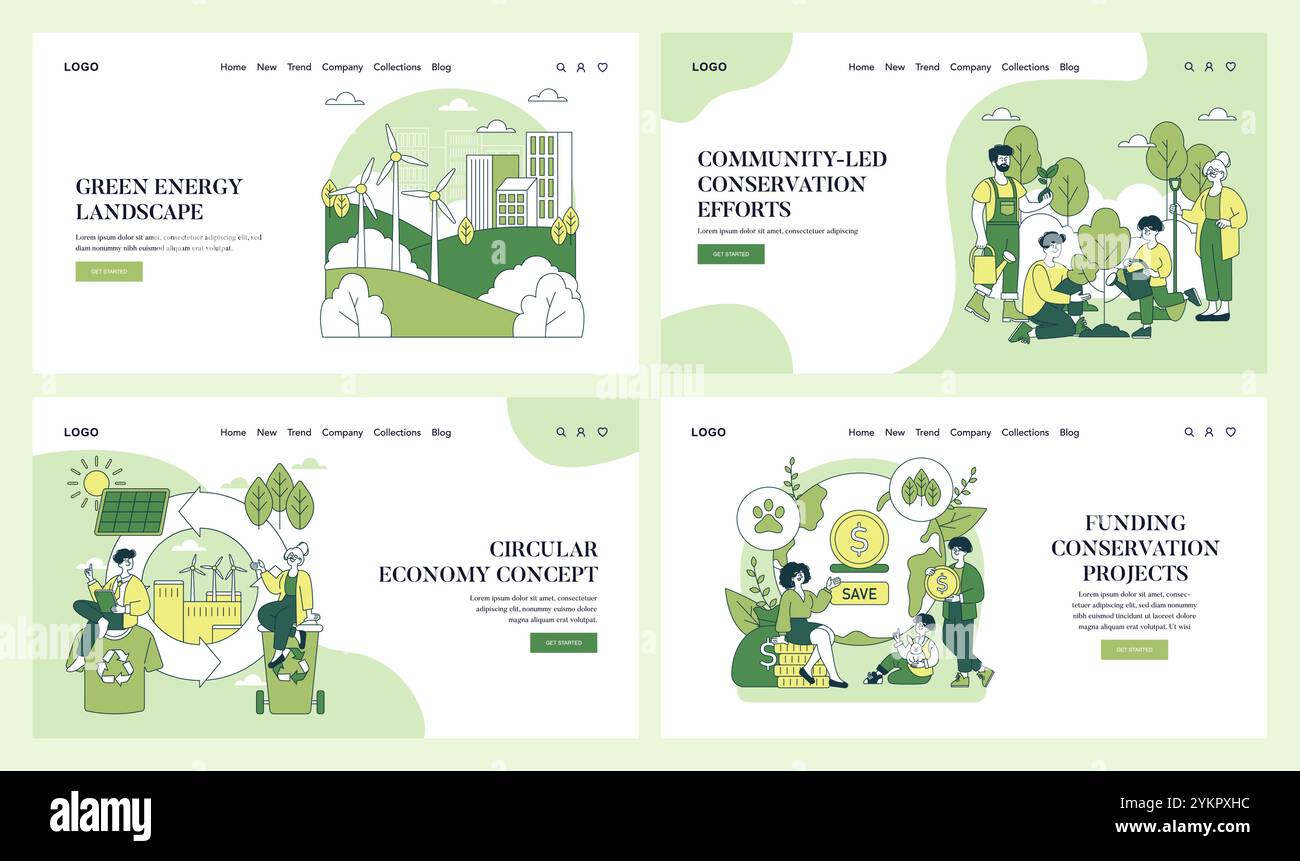 Ecosystem Conservation set. Sustainable energy solutions, community-based reforestation ...