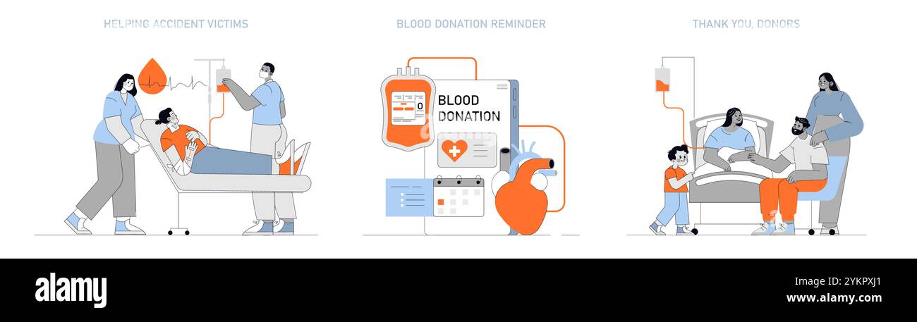 Blood Donor Day set. Illustrations depicting the process of donating ...