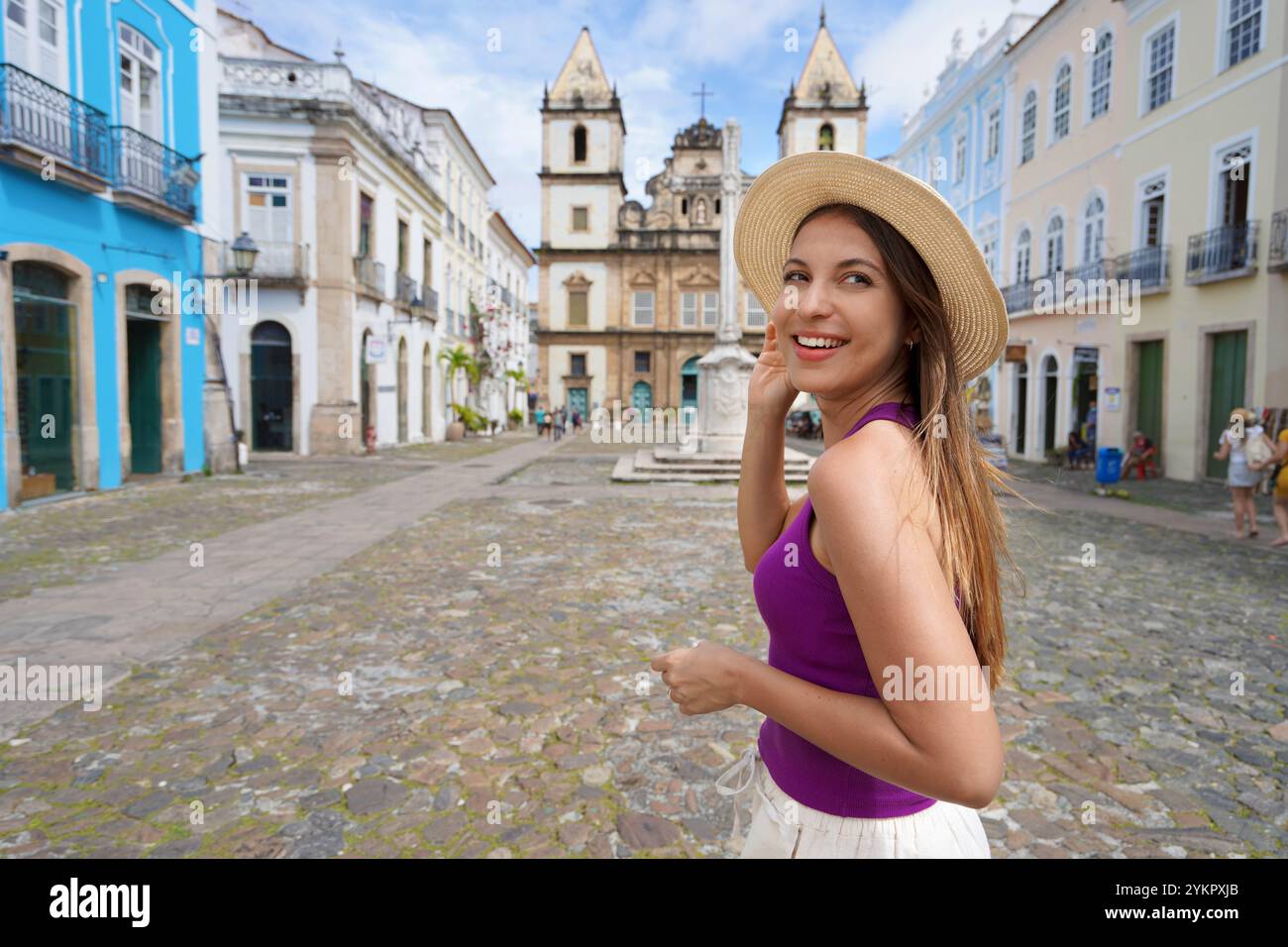 Holidays in Salvador de Bahia, Brazil. Tourist girl visiting historic ...