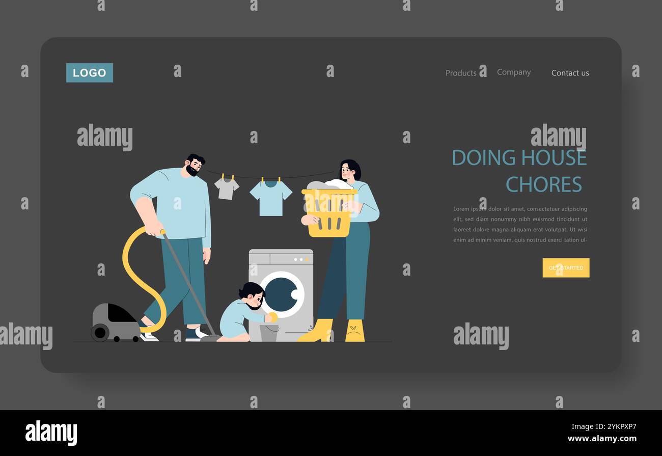 Household chores concept. A family engaged in cleaning and laundry ...