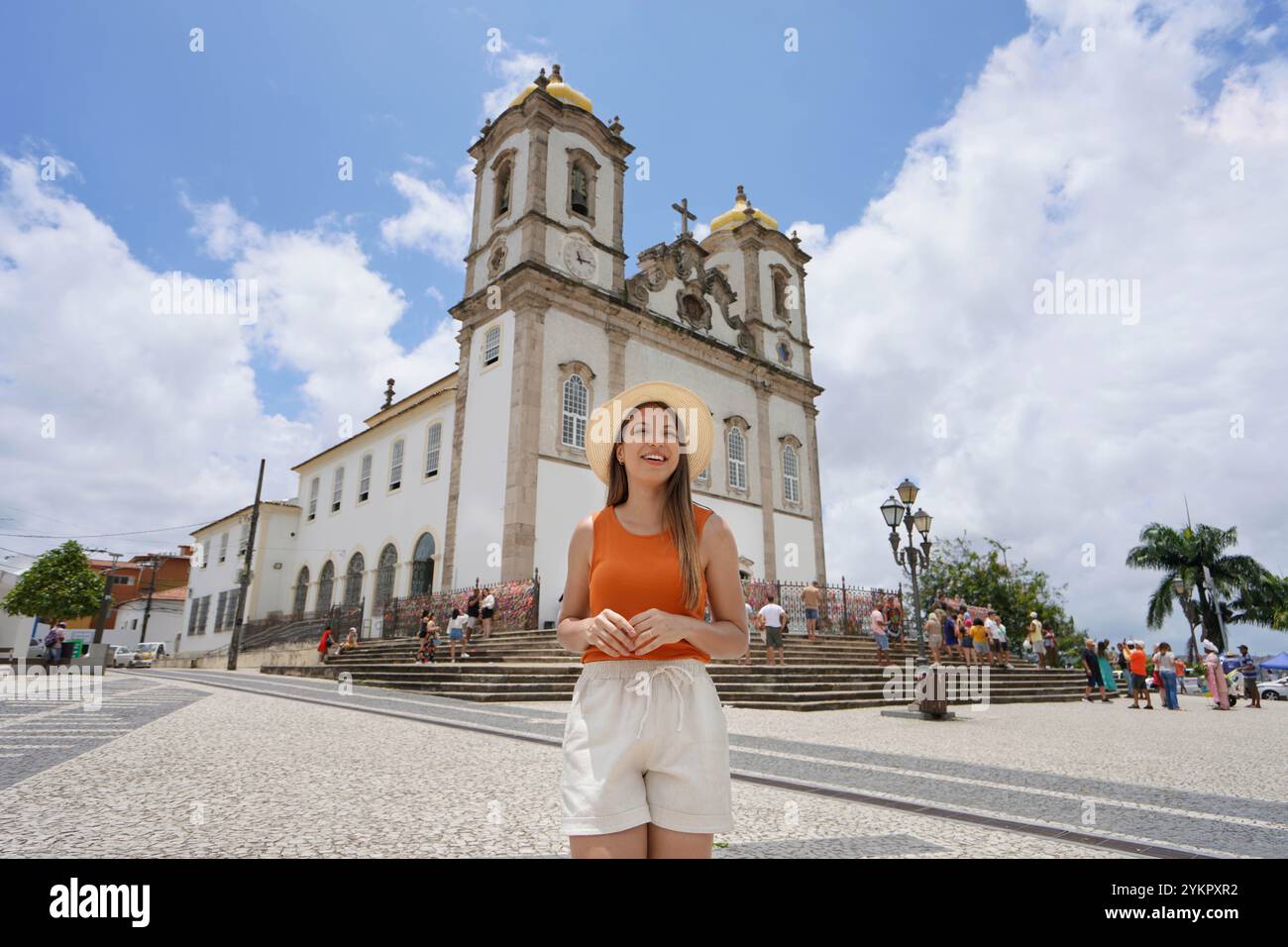Brazilian traveler girl visiting the historic city of Salvador de Bahia ...