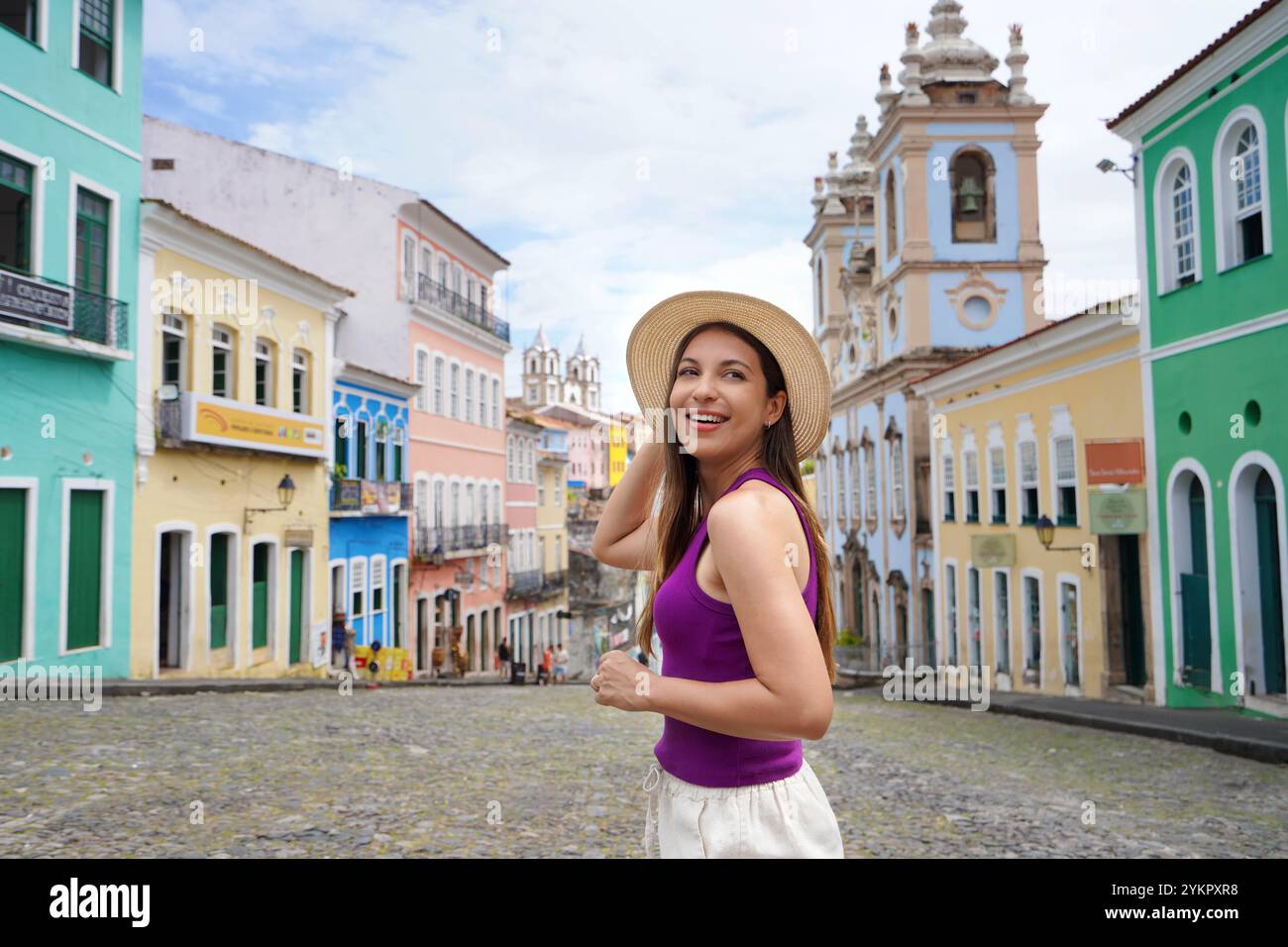 Tourism in Salvador de Bahia, Brazil. Traveler girl visiting the ...