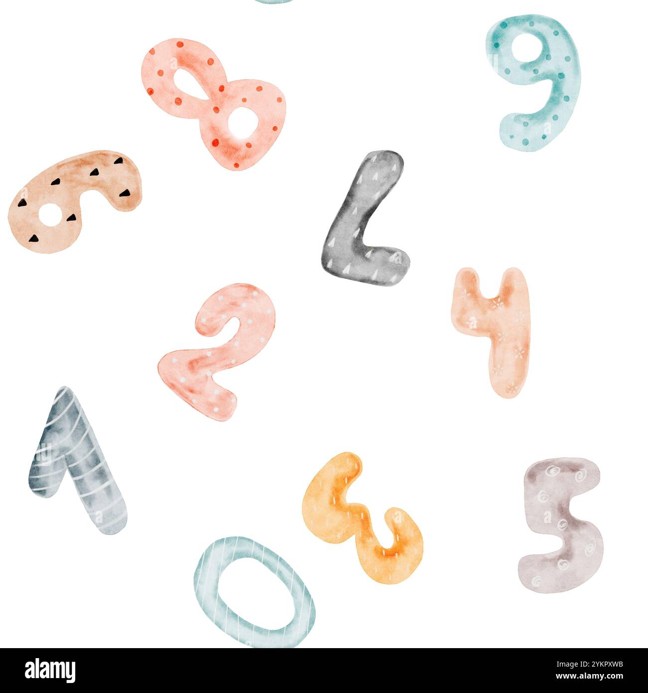 Watercolor Numbers seamless pattern. Cute baby ornament of colorful ...