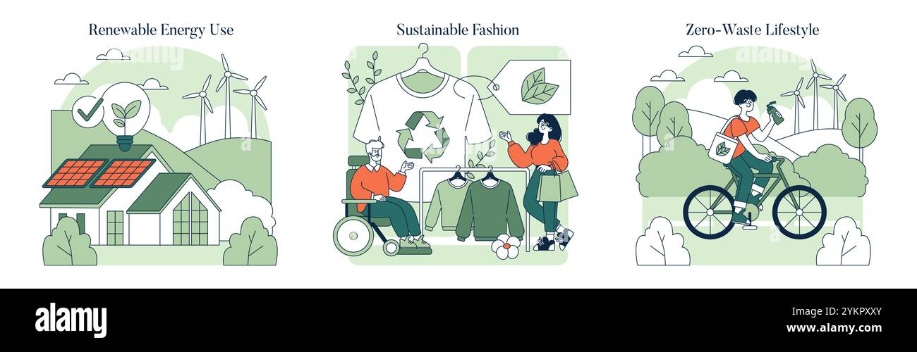 Conscious Consumption set. Renewable energy, sustainable fashion, zero ...