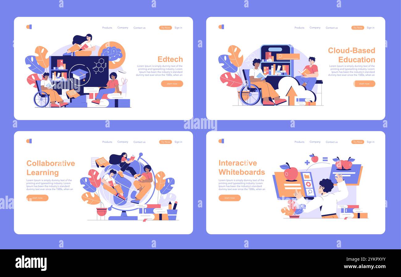 Edtech set. Innovative online education and learning platforms. Features digital libraries ...