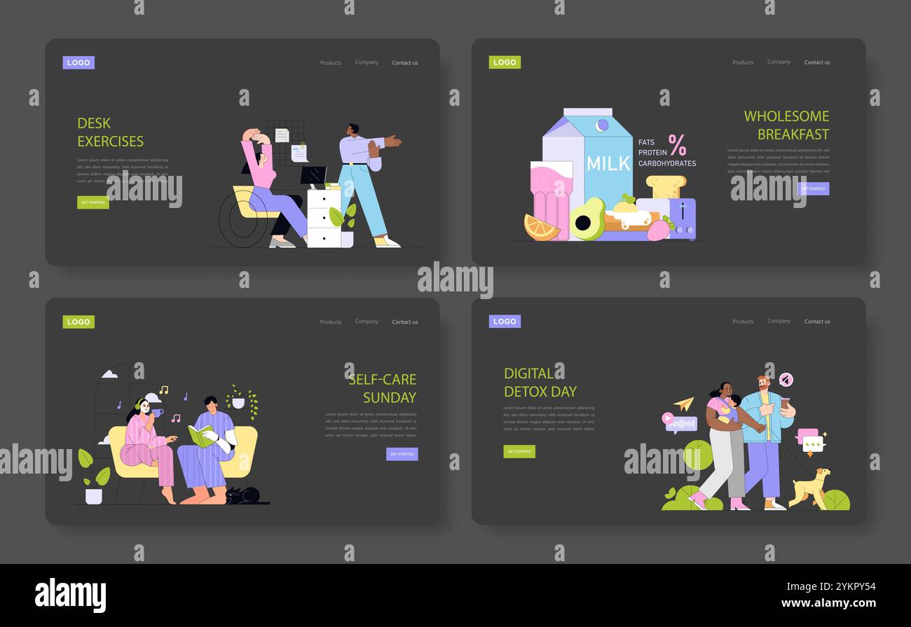 Healthy Lifestyle set. Office workouts, balanced breakfast, relaxation ...