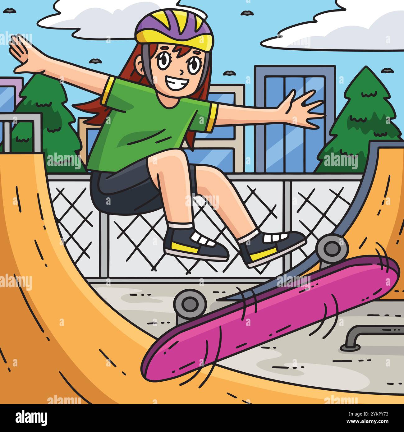 Skateboard Girl Doing a Flip Trick Colored Cartoon Stock Vector Image ...