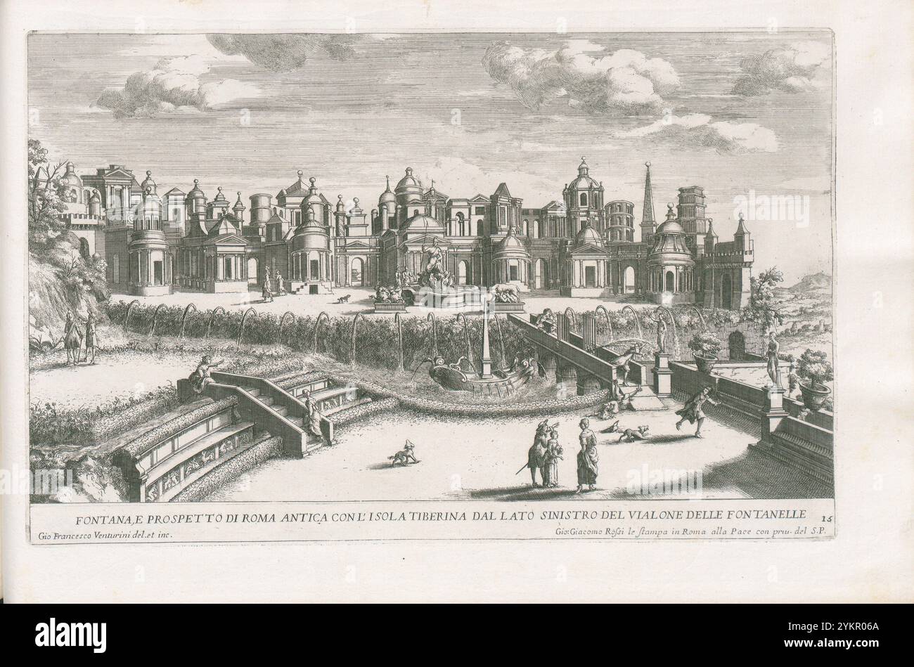 Engraving of Fountain, And Prospectus Of Ancient Rome With The Tiber ...