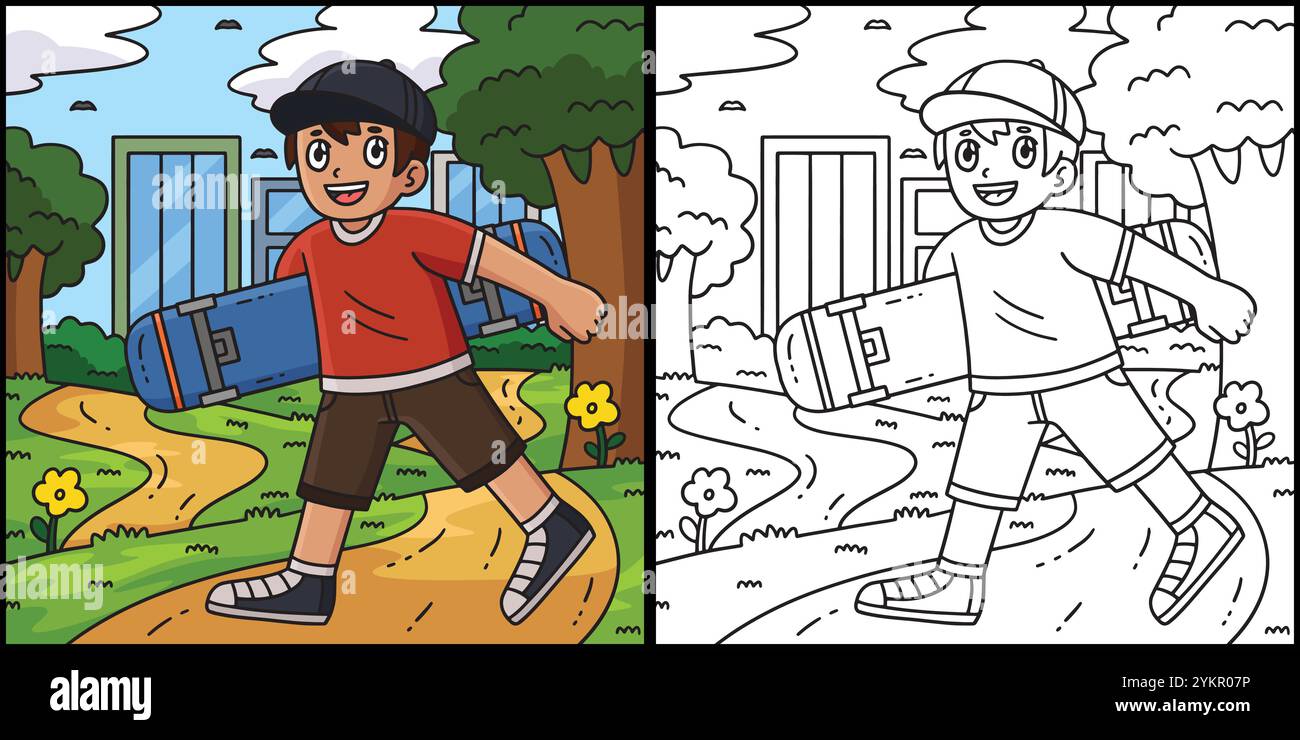 Skateboard Boy Coloring Page Colored Illustration Stock Vector Image ...