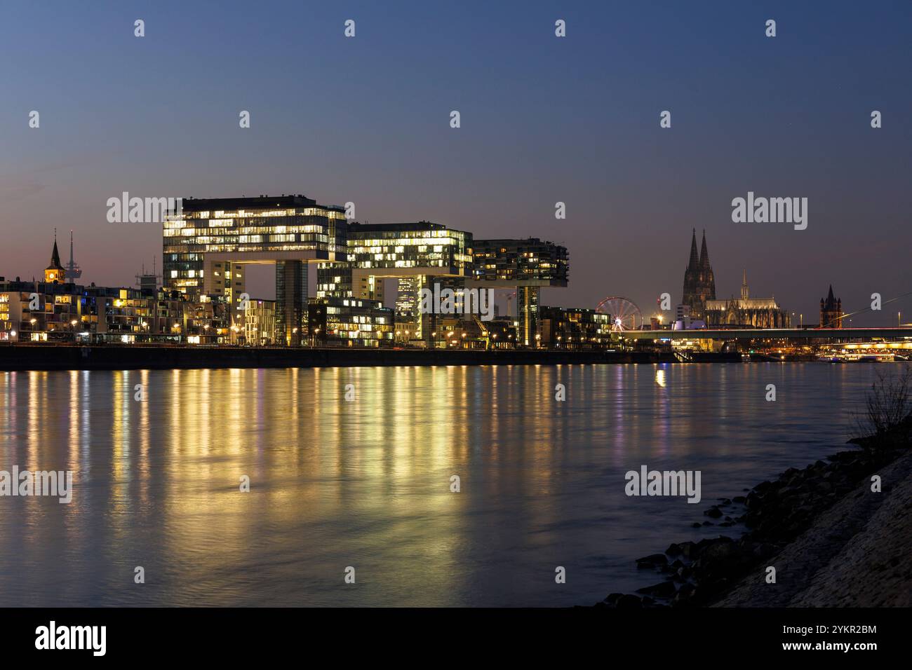 view over the Rhine to the Kranhaeuser (Crane Houses) in the Rheinau ...