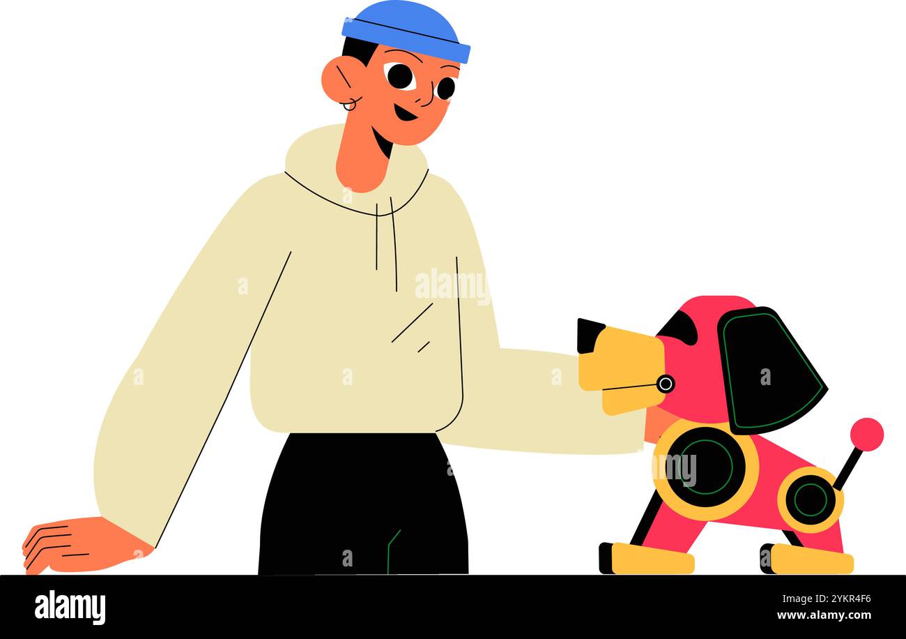 Young Man Interacting With Robotic Dog In Flat Vector Illustration ...
