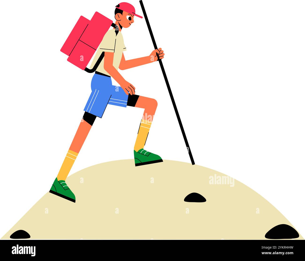 Male Hiker With Backpack Climbing Mountain In Flat Vector Illustration ...