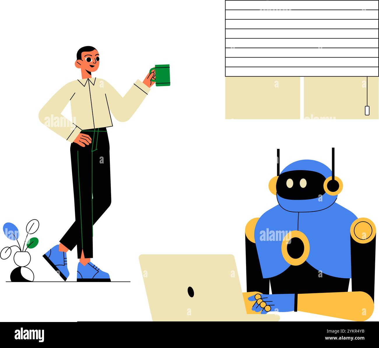 Robot Employee Using Laptop And Male Character With Coffee Cup In Flat ...