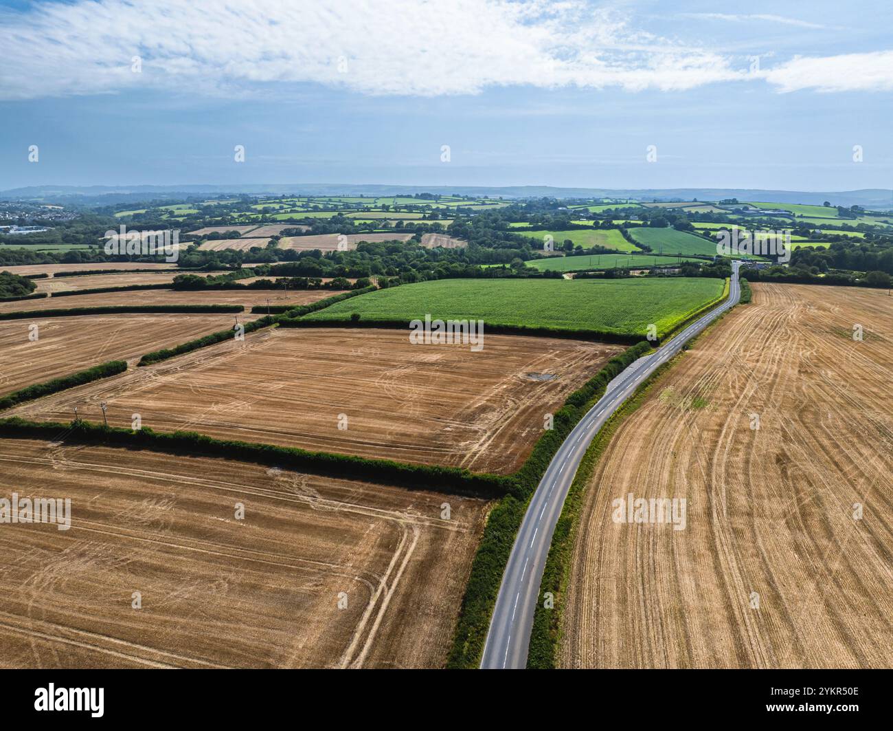 Cornwall Fields and Farms from a drone, River Tamar, Plymouth, England ...