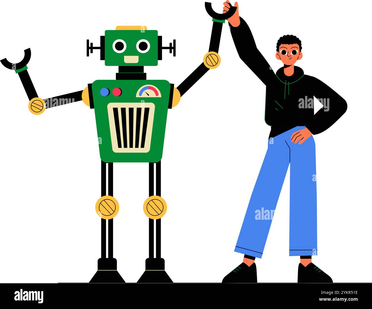 Male Engineer Standing With A Built Robot, Flat Vector Illustration ...