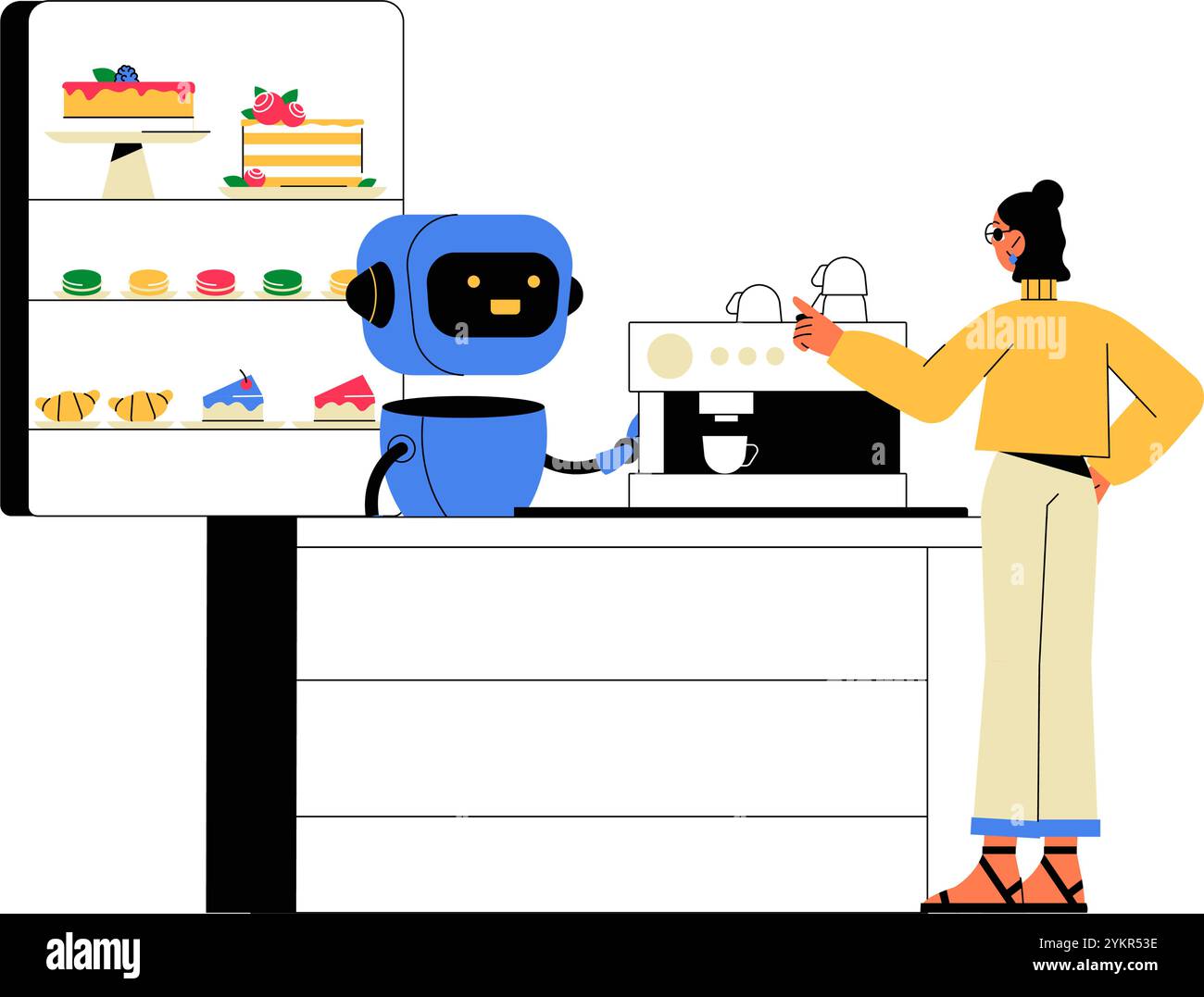 Robot Barista Serving Coffee To A Female Customer In Flat Vector ...
