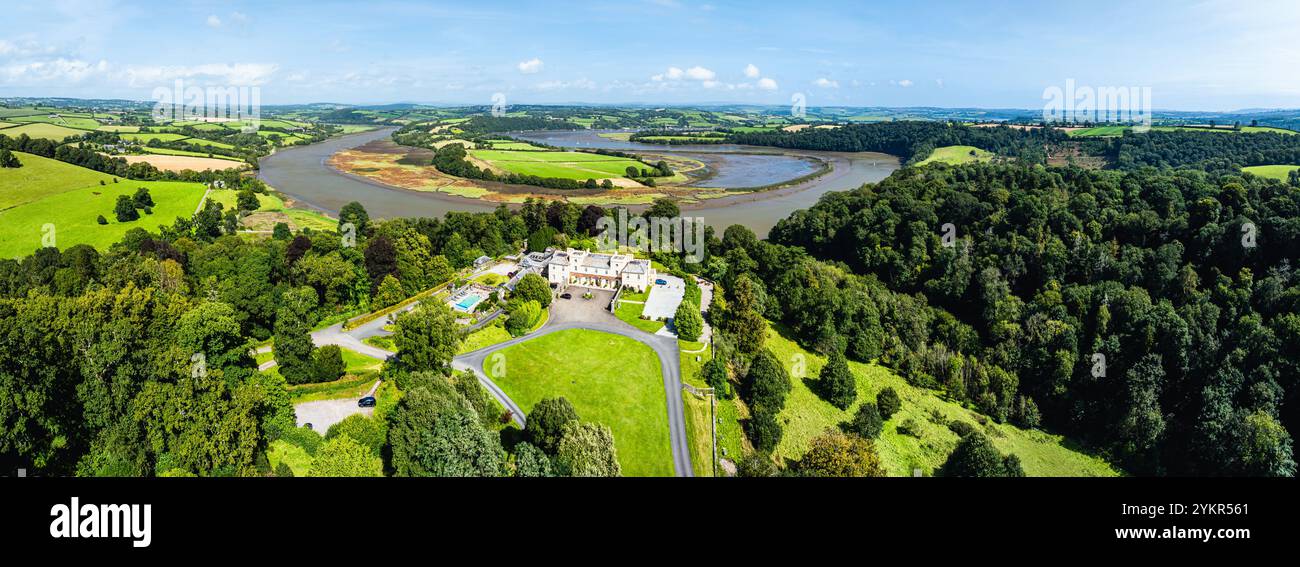 Panorama of River Tamar over Pentillie Castle from a drone, Paynters ...