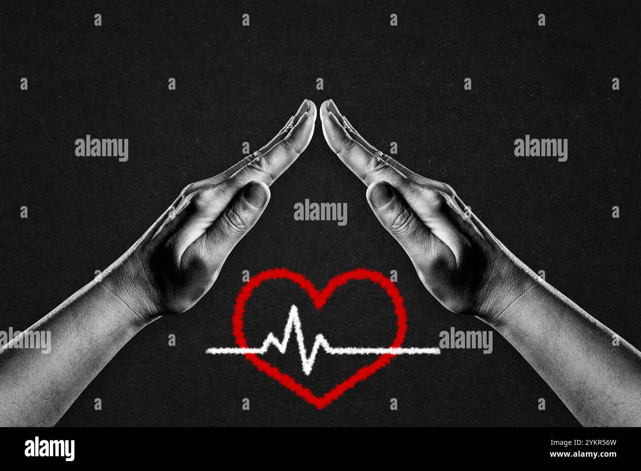 Hands in Black and White in Gesture of Protection Red Heart with Cardiogram Sign on Black ...