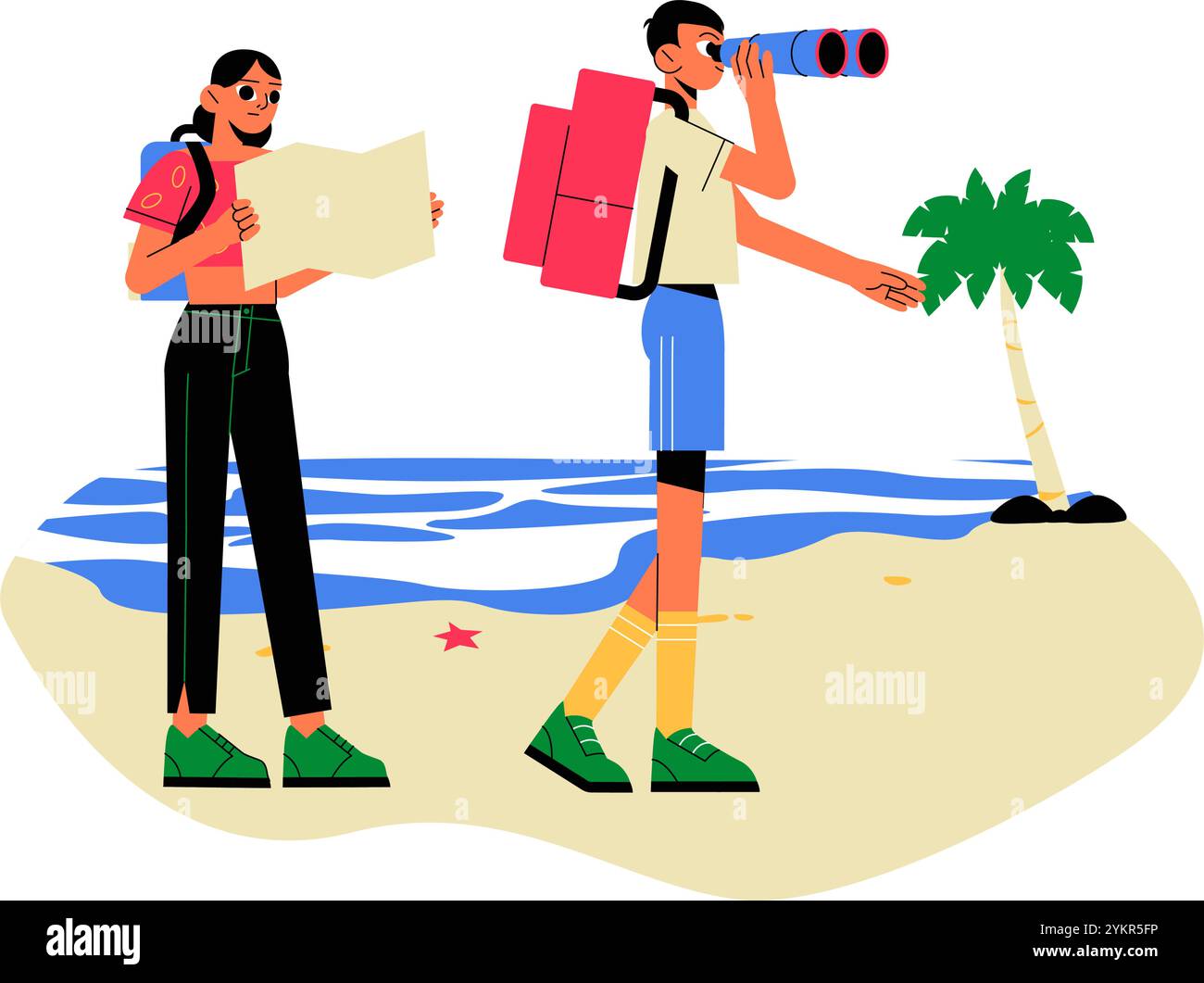 Couple Exploring Beach With Map And Telescope In Flat Vector