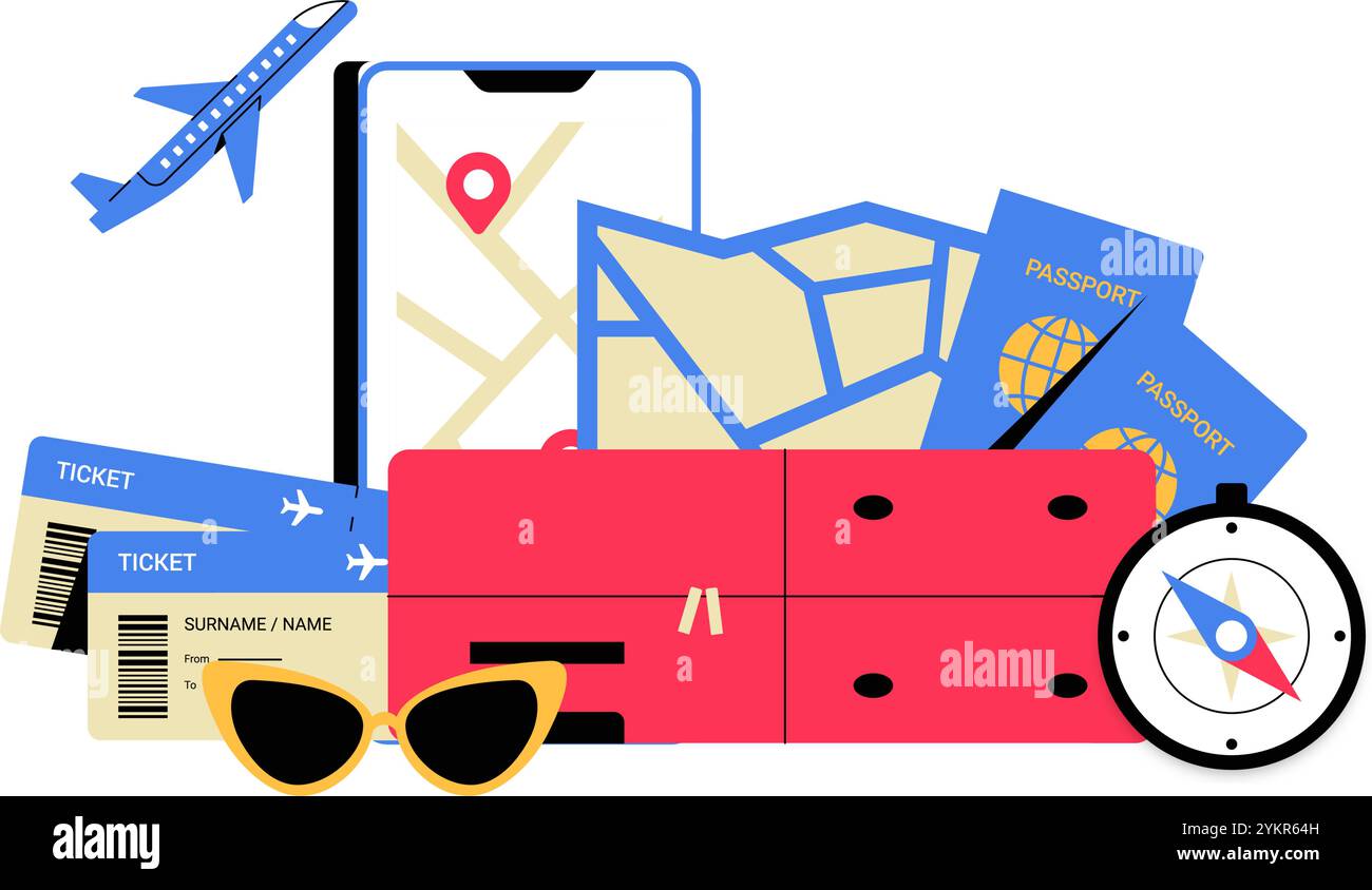 Travel Essentials With Tickets, Maps, And Compass In Flat Vector ...