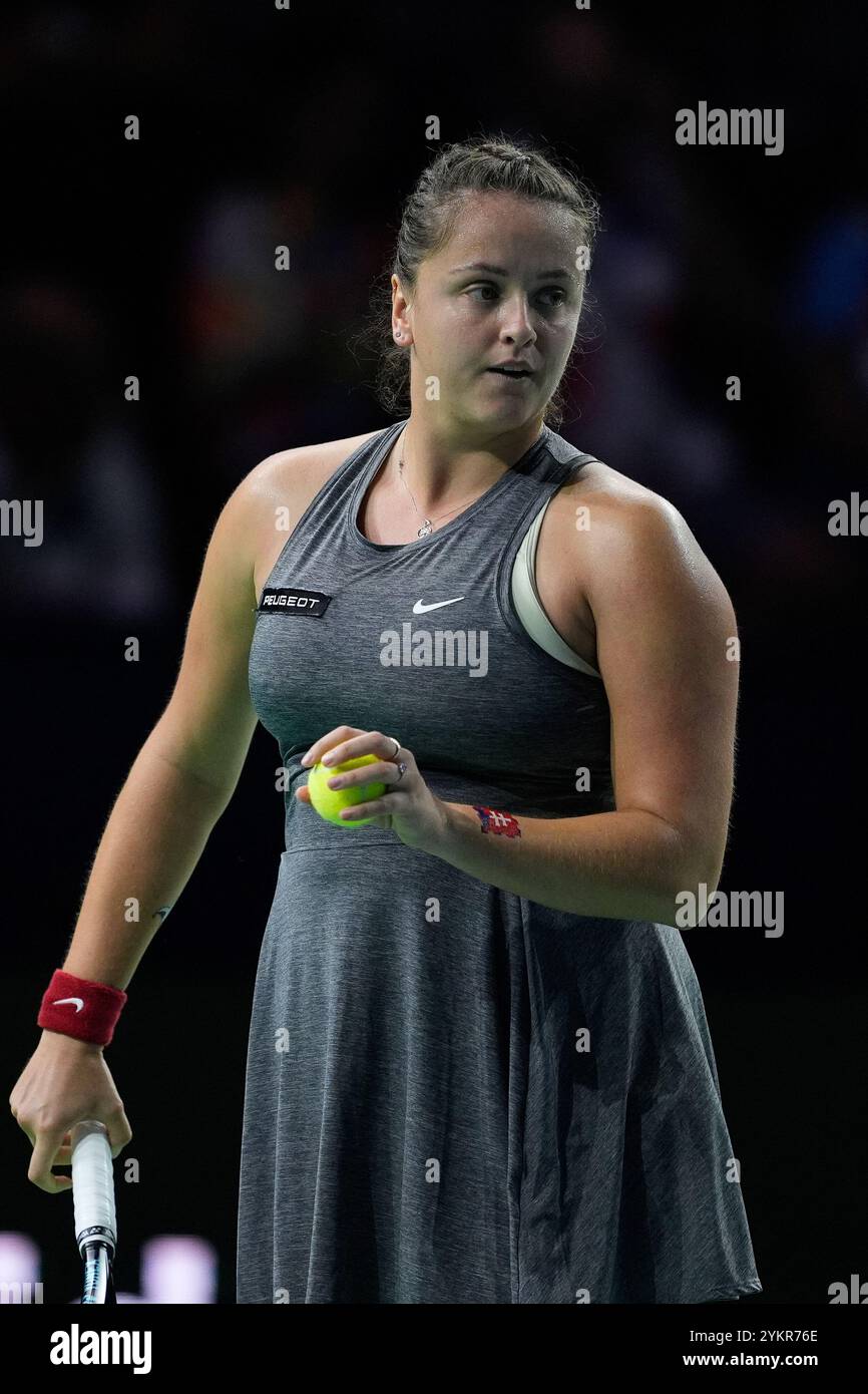 Viktoria Hruncakova of Slovakia looks on against Emma Raducanu of Great ...
