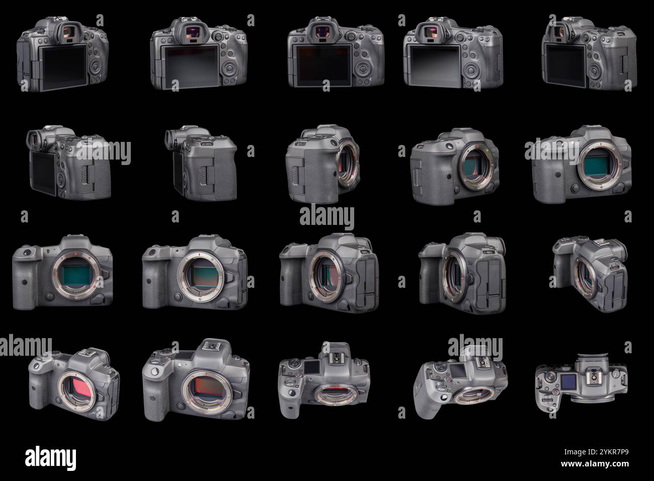 set of black professional mirrorless camera body isolated on black ...
