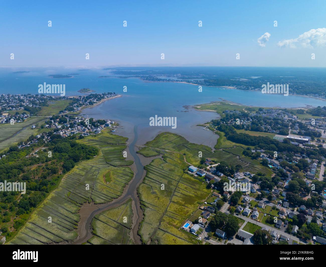 Rock Island Cove Salt Marsh and Weymouth Fore River mouth aerial view ...
