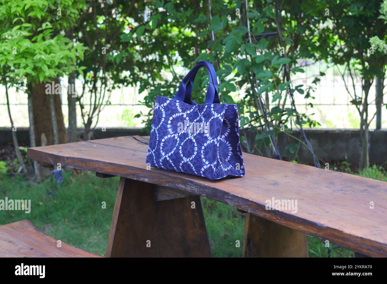 Indigo blue shoulder bag made from fabric with tie dye and shibori ...
