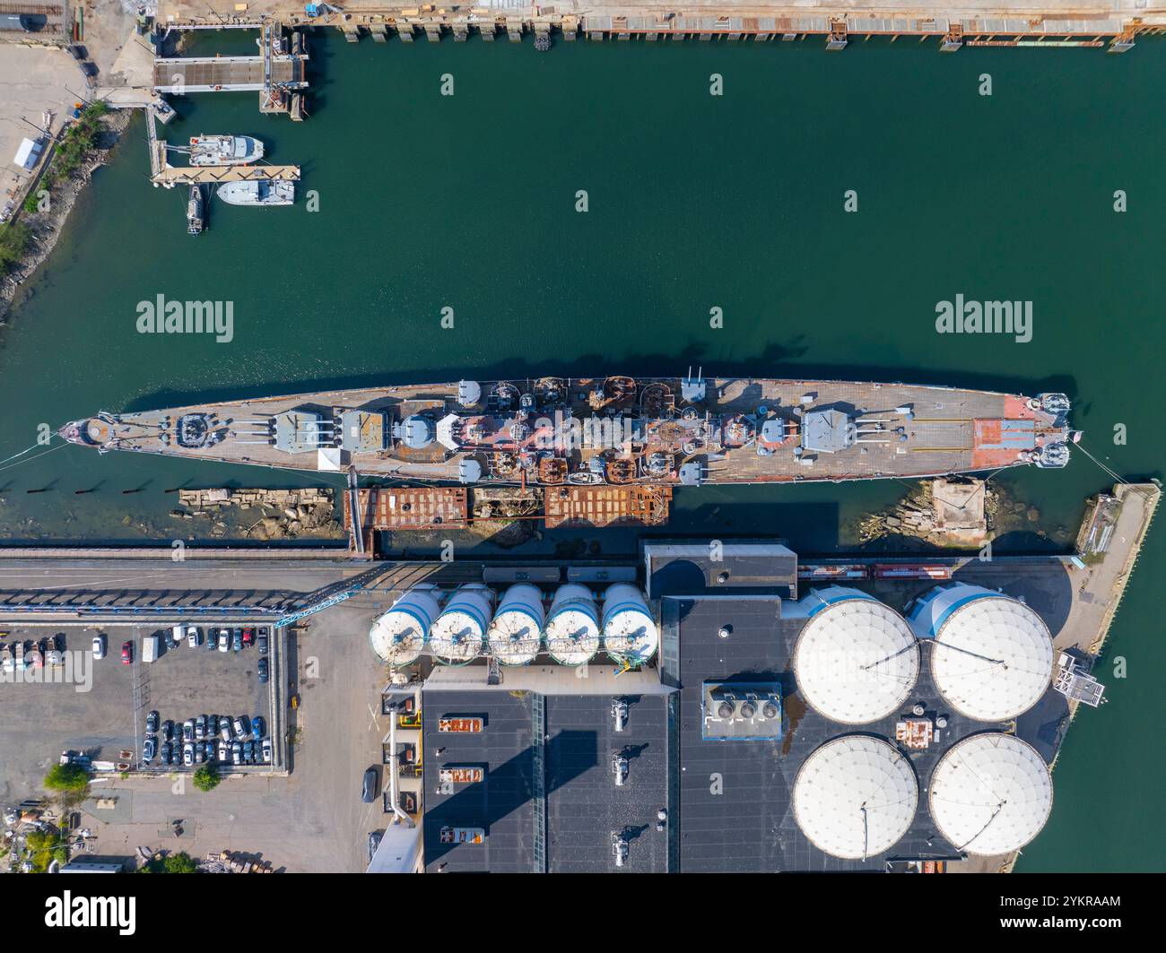 USS Salem CA-139 heavy cruiser aerial view at Weymouth Fore River in ...