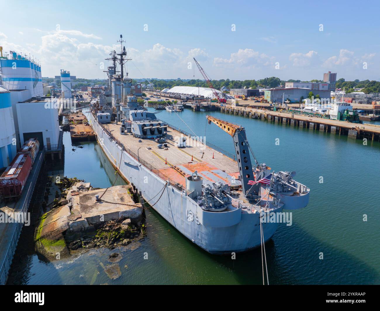USS Salem CA-139 heavy cruiser aerial view at Weymouth Fore River in ...
