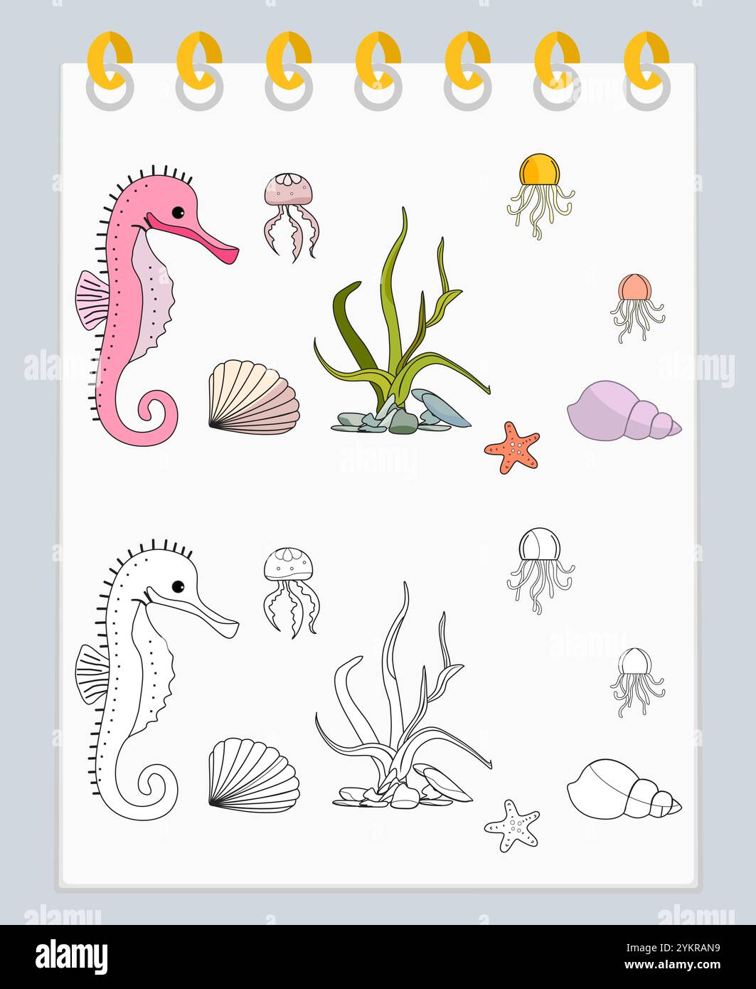 Coloring book Vector Illustration Seaweed Seahorse Shells Starfish ...