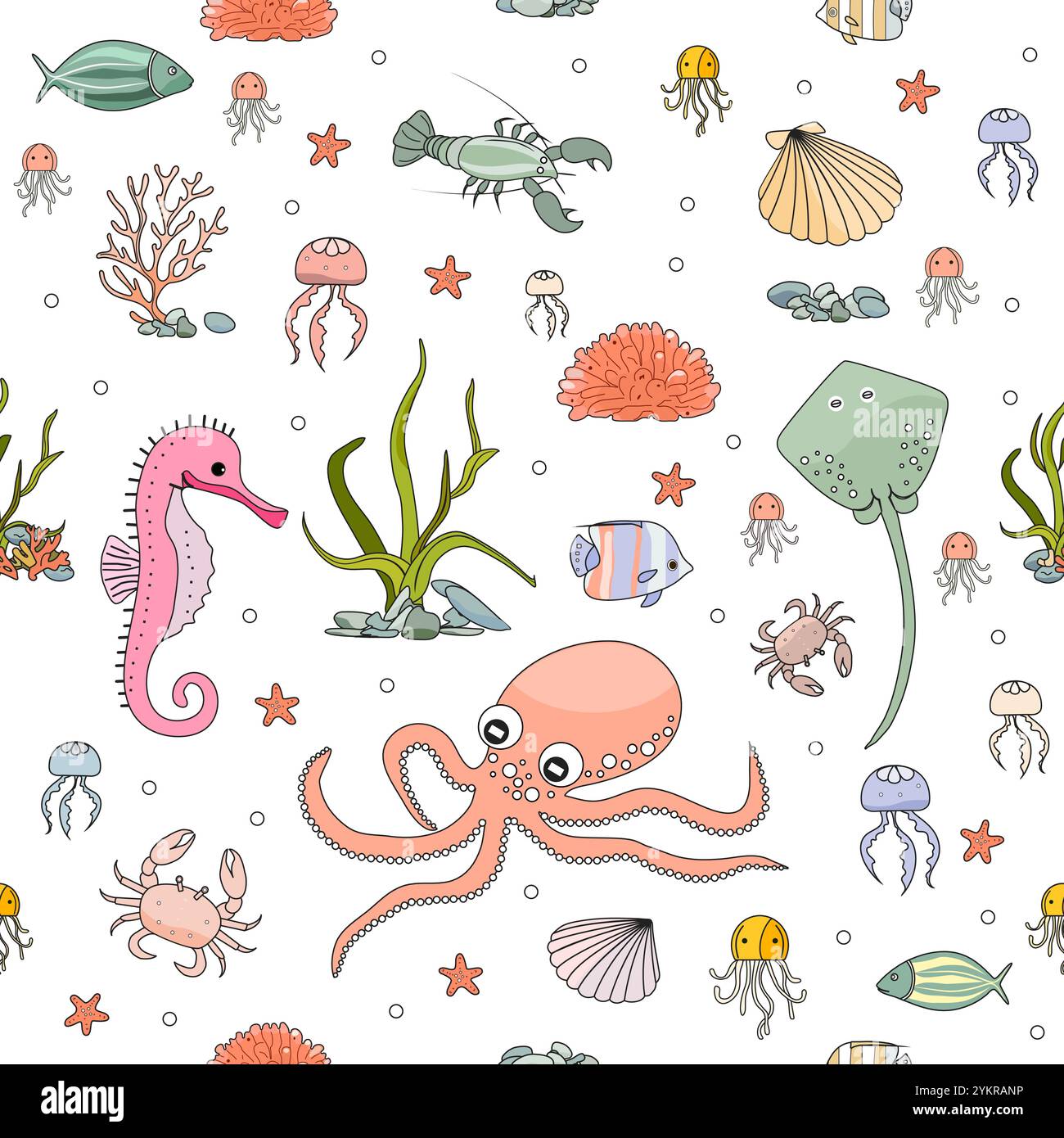 Vector seamless pattern Illustration Seaweed Coral Fish Stingray ...