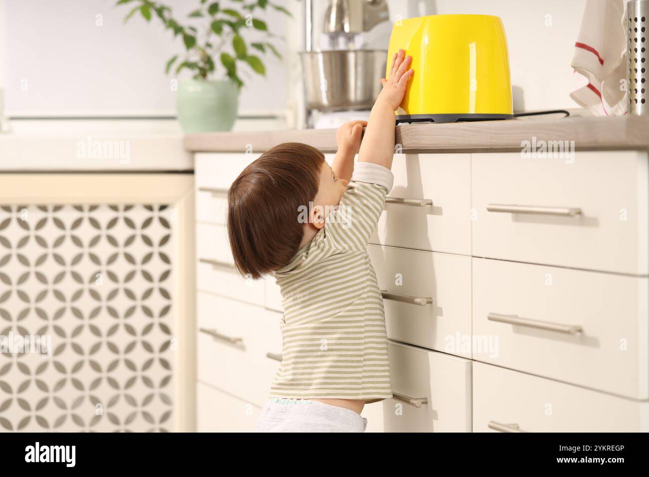 Little boy playing with toaster in kitchen. Dangerous situation Stock ...