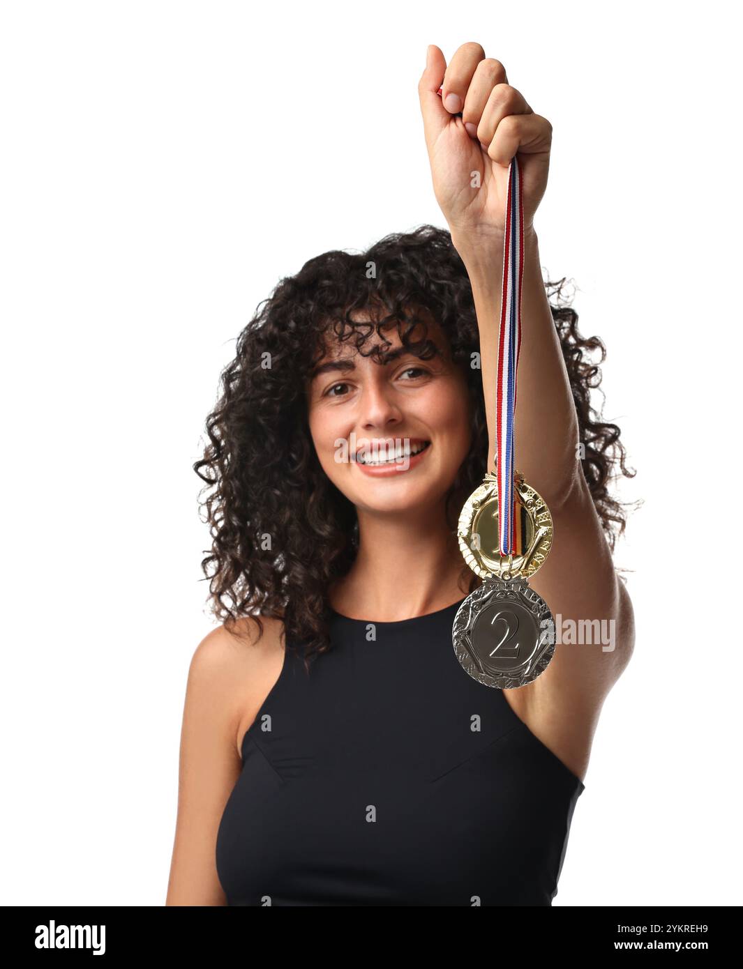 Happy winner with different medals on white background Stock Photo - Alamy