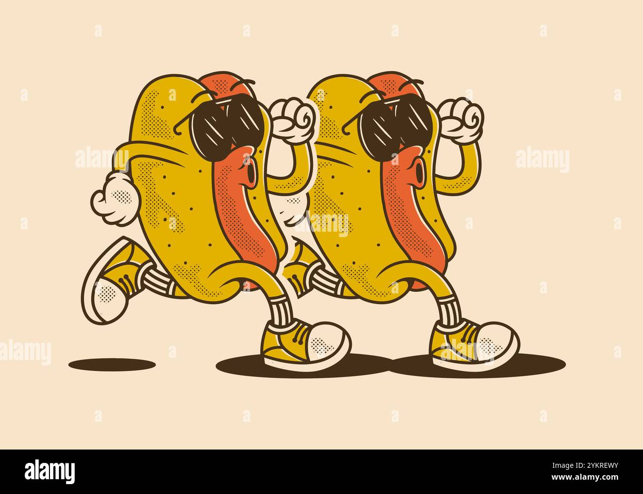 Vintage retro mascot character of two hot dog in running pose Stock ...