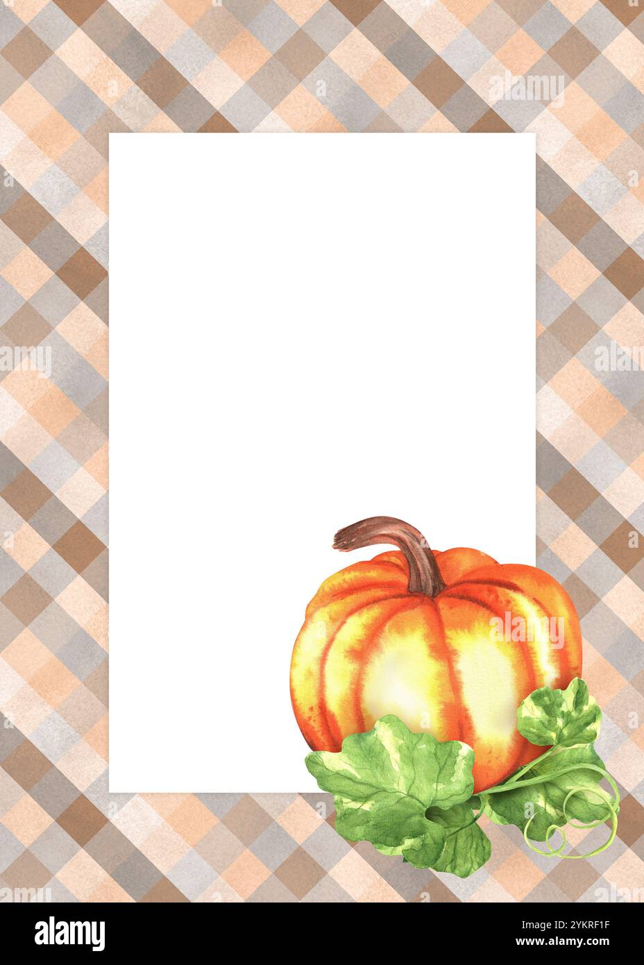 Orange pumpkin and green leaves. Plain pattern. Ready-made postcard ...