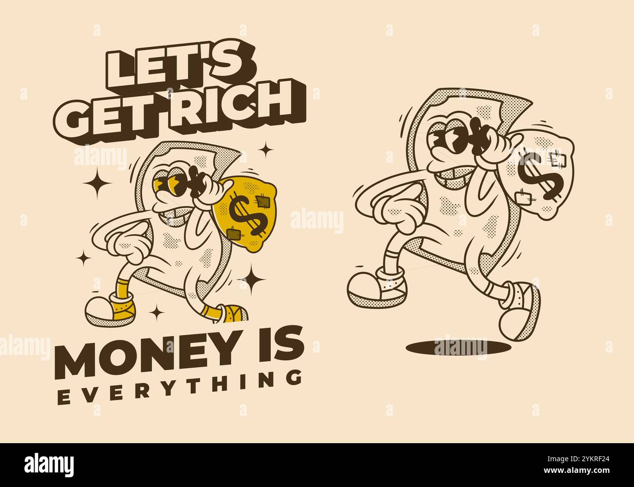 Let's get rich. Money mascot character holding a money bag, vintage ...