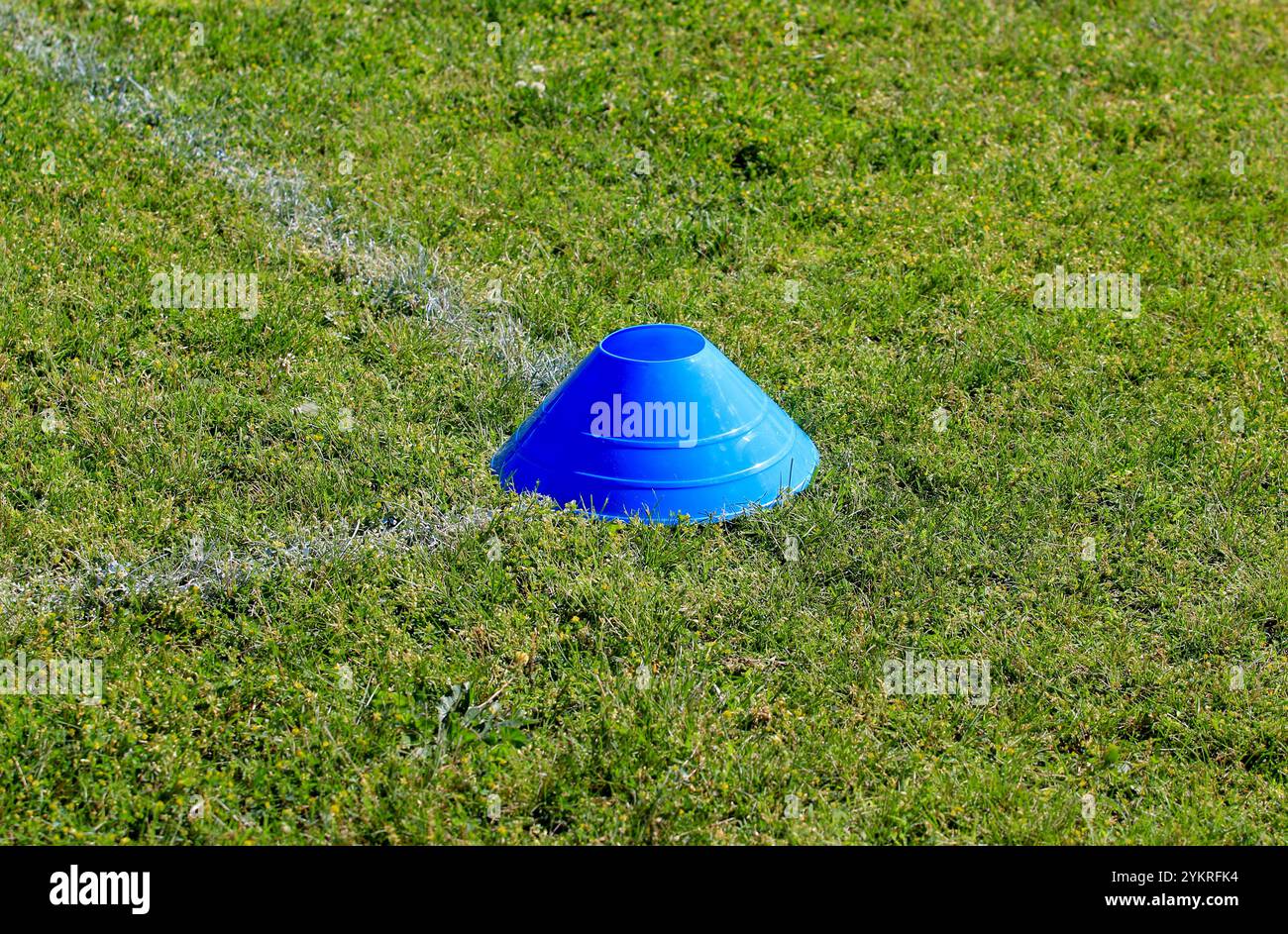 A blue cone sits on the green grass of a sports field, marking the area ...