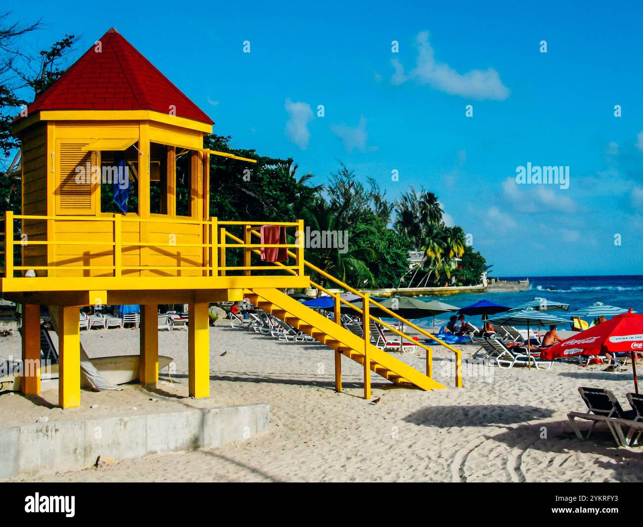 Yellow lifeguard post on beach in Barbados Stock Photo - Alamy