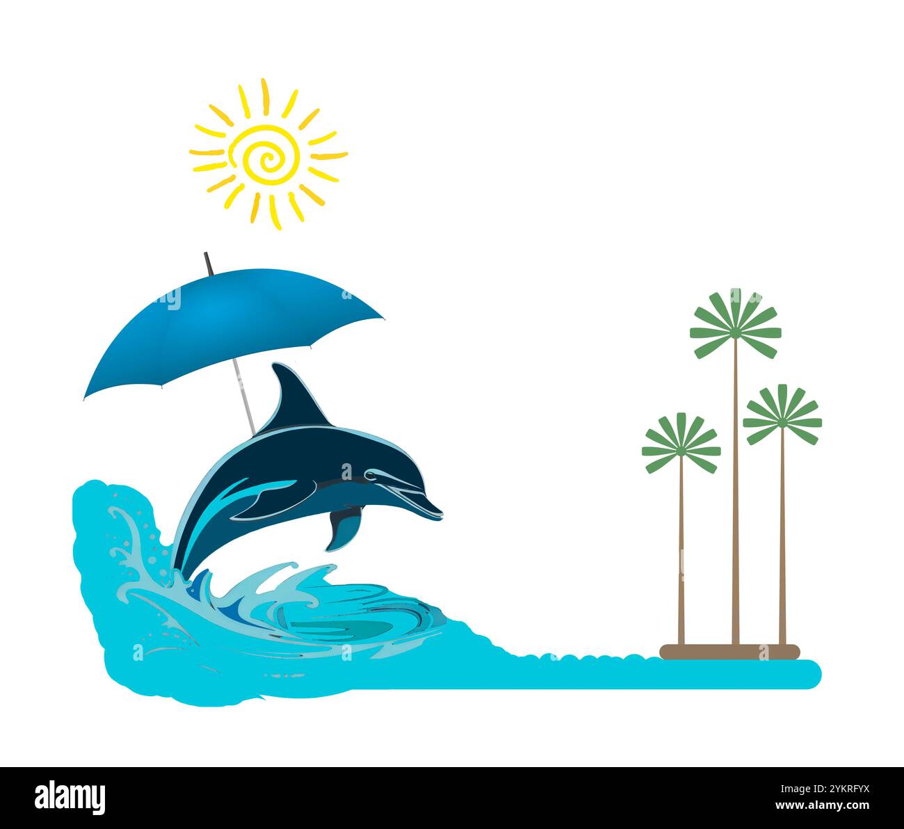 Postcard with dolphin under umbrella and palm trees with empty space ...