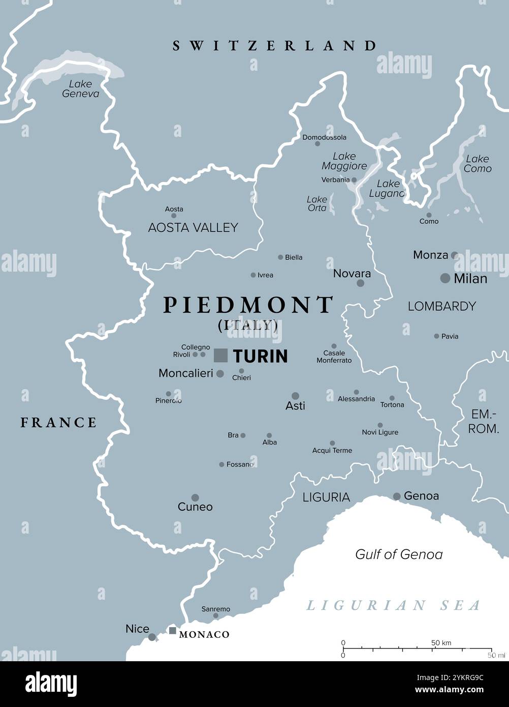 Piedmont region in northwest Italy, gray political map. Second largest ...
