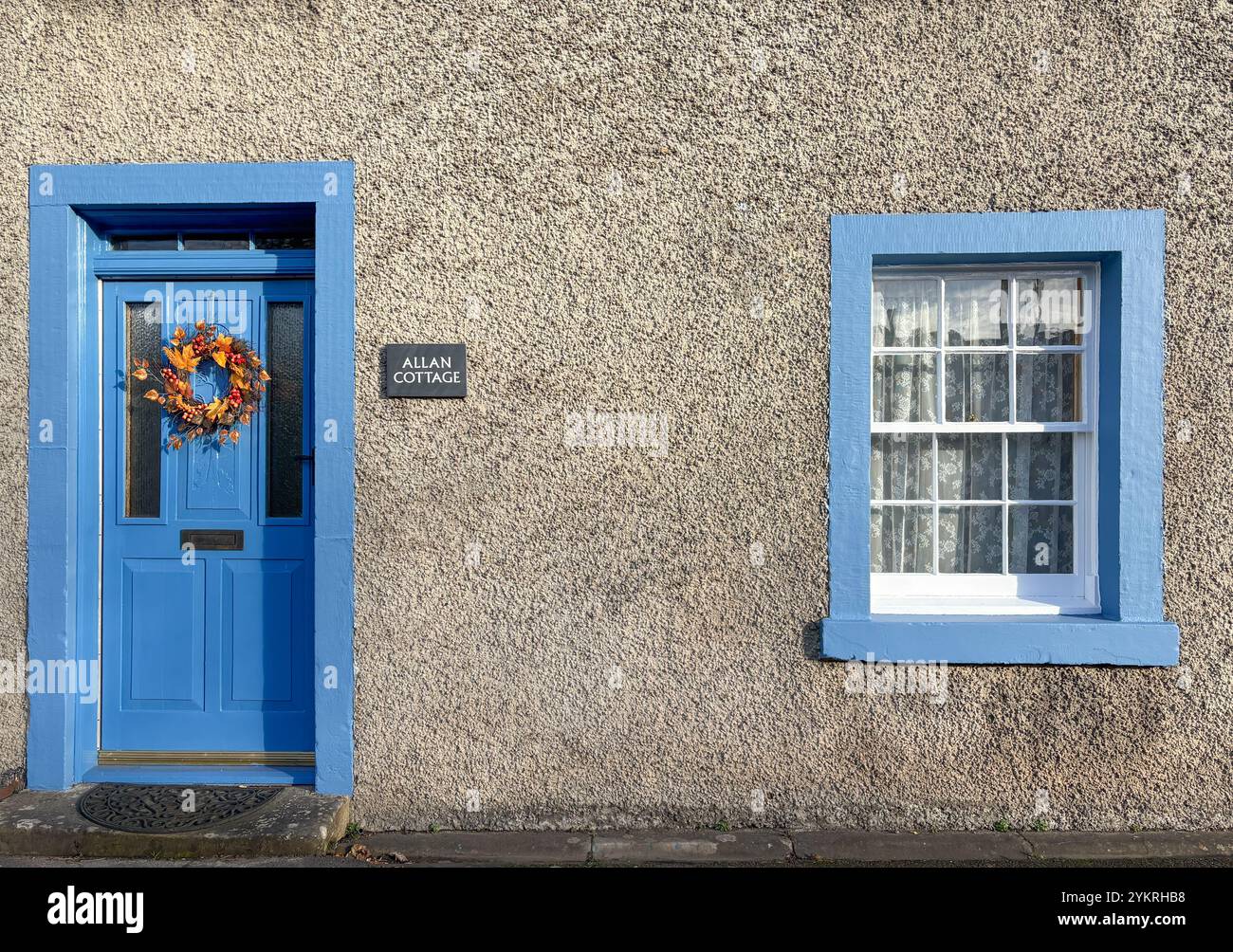 Quaint Allan Cottage with Autumn with pebbledash wall, sash window and ...