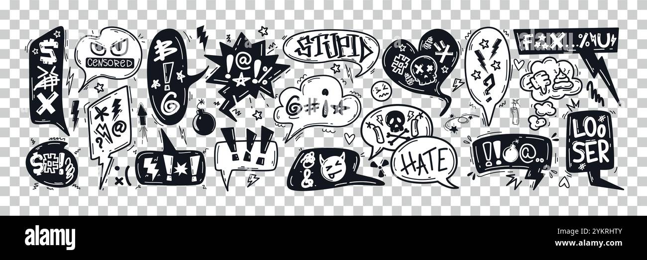 Hand drawn doodle comic speech bubbles with swearwords, expletives ...