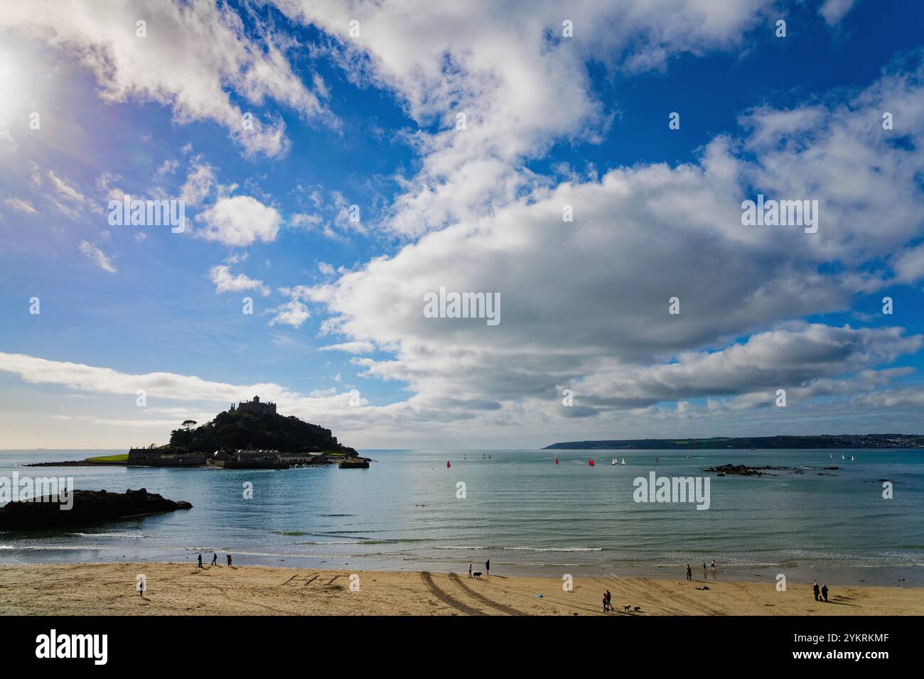 Silhouette of St Michaels Mount with white clouds and blue sky Marazion ...